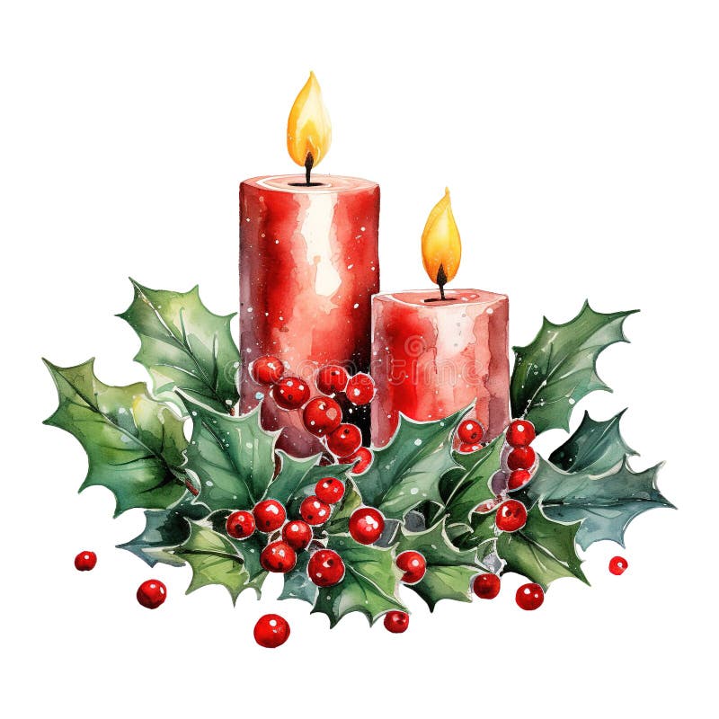 Two Red Candles with Holly Leaves and Red Berries Stock Photo ...