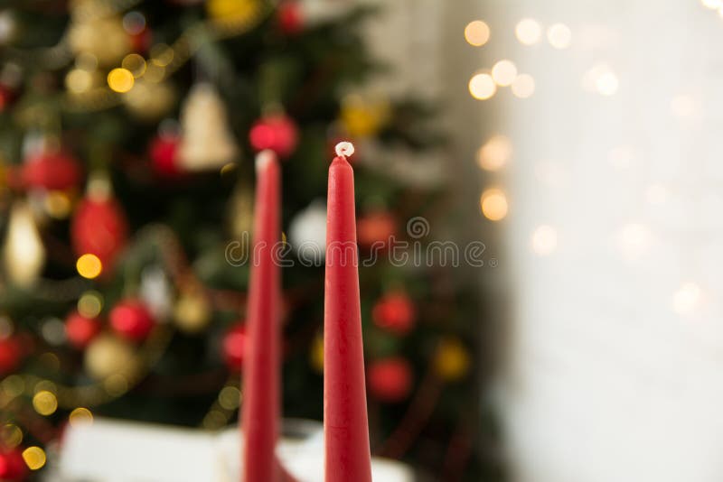 Two Red Candles on a Table Against Stock Photo - Image of blur, orange ...