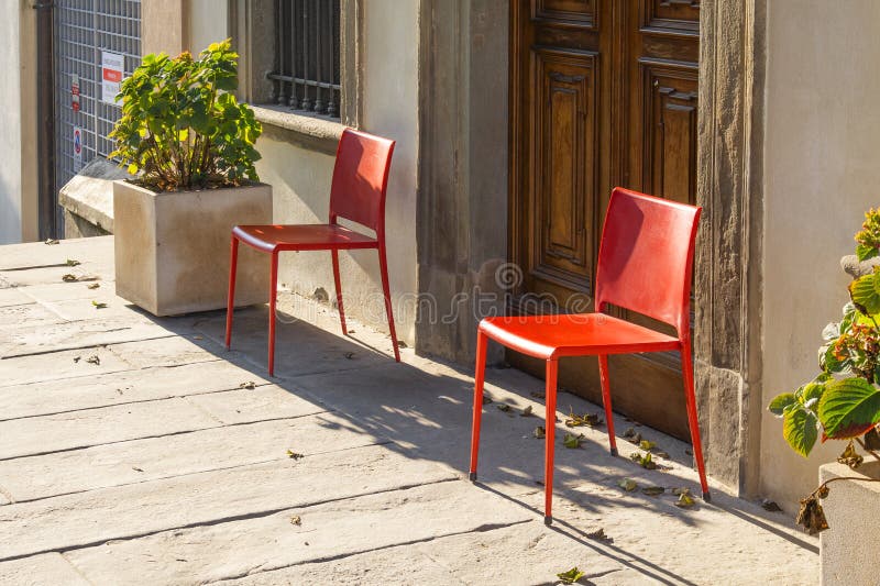 Two Red Chairs by the Front Door Stock Photo - Image of wooden, chair ...
