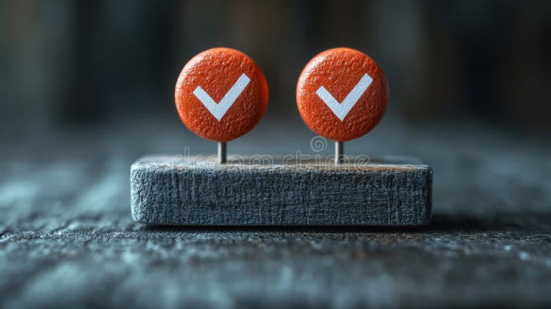 Two Red Check Marks on Wooden Base, Close-up View. Concept of ...