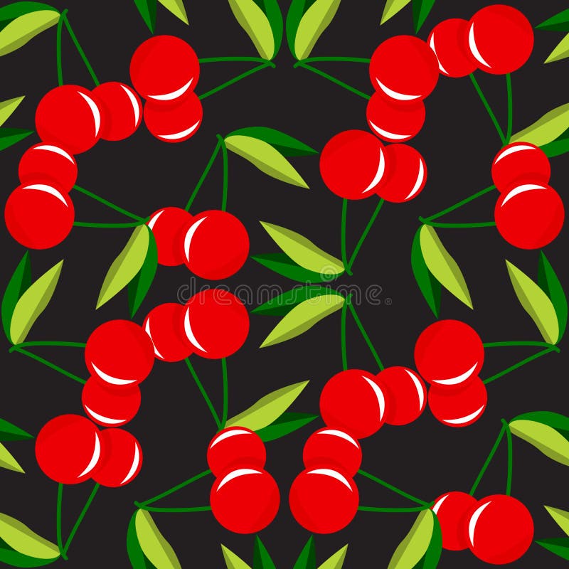 Two Red Cherries with Leaves on a Black Background Seamless Pattern ...