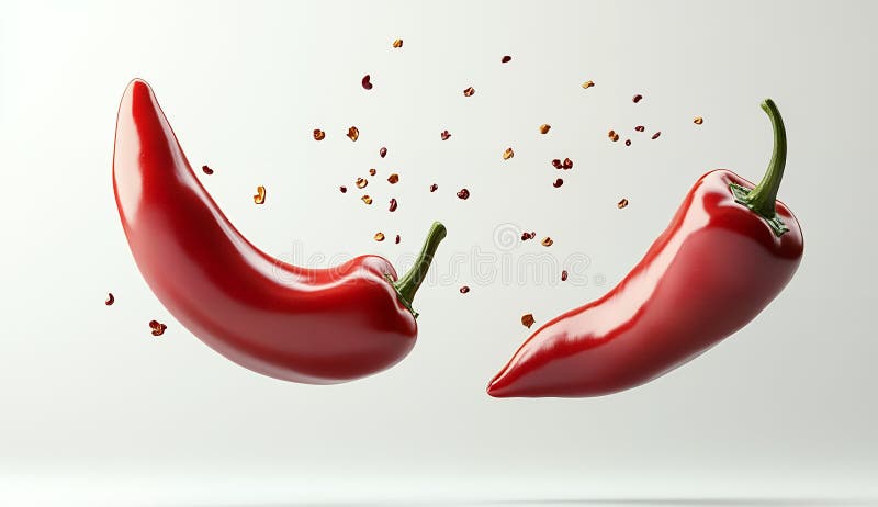 Two Red Chili Peppers in Air with Seeds Flying Around Them Stock ...