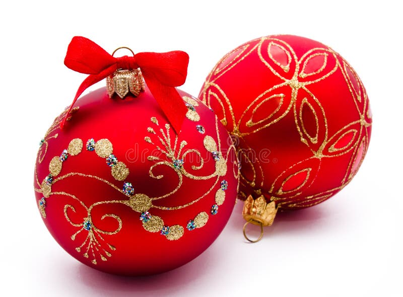 Two Red Christmas Balls with Ribbon Isolated on a White Stock Image ...