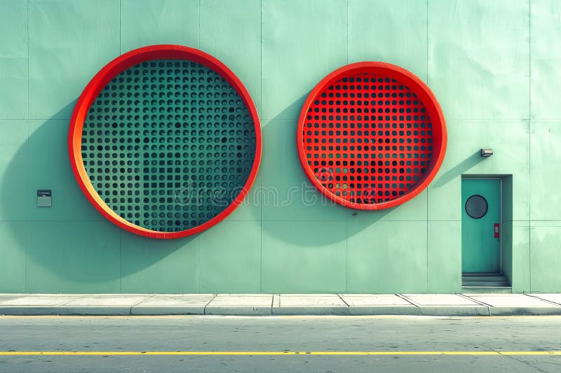 Two Red Circular Windows Decorating a Turquoise Building Facade Stock ...