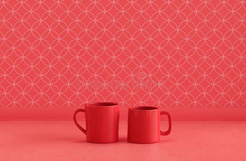 Two Red Coffee Cups Side by Side on Red Front View Kitchen Counter Top ...