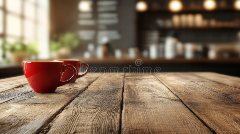 Two Red Coffee Cups on Wooden Table in Cafe Stock Illustration ...