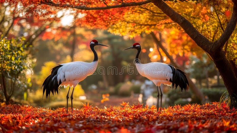 Two Red-Crowned Cranes Standing among Fall Foliage Stock Illustration ...