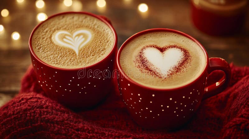 Two Red Cups of Coffee Featuring Heart Designs Stock Illustration ...