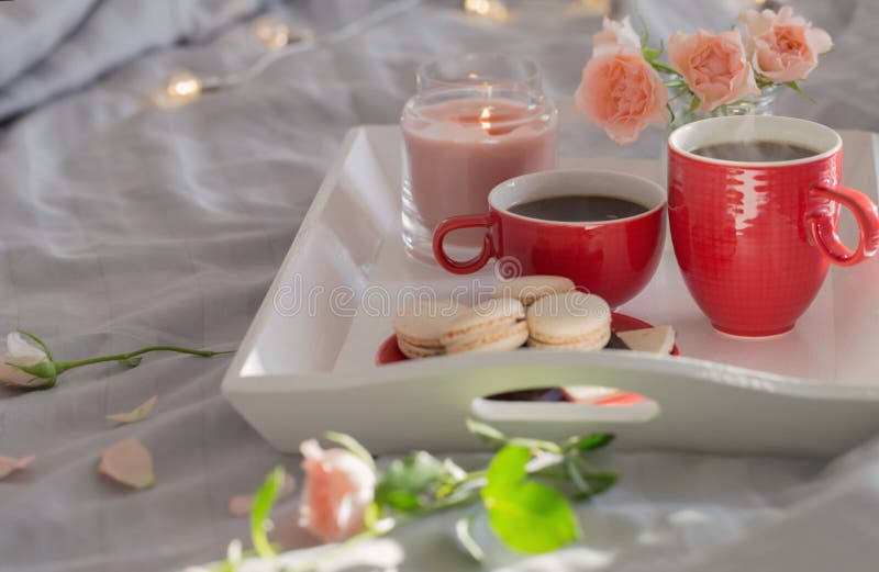 Red Cups of Coffee and Flowers on Bed Stock Photo - Image of house ...