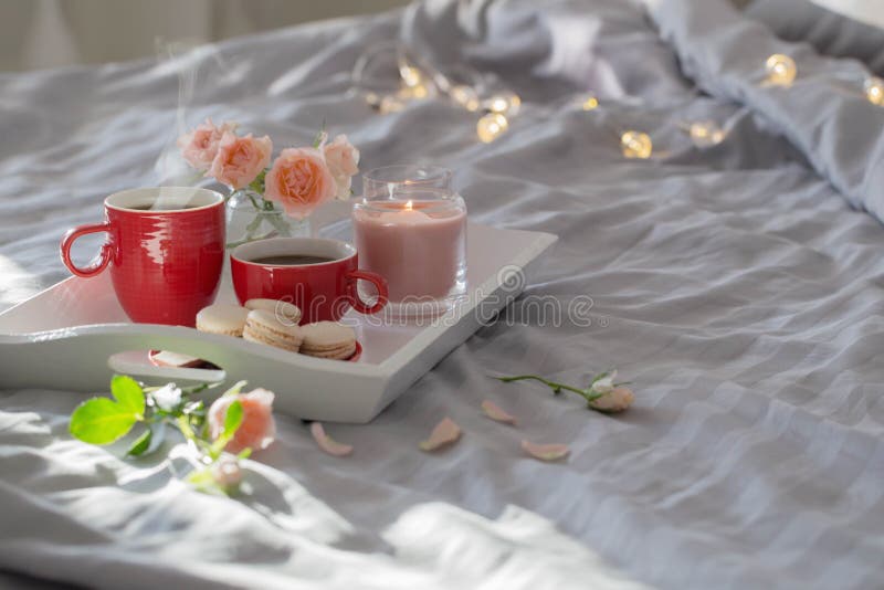 Red Cups of Coffee and Flowers on Bed Stock Image - Image of chocolate ...