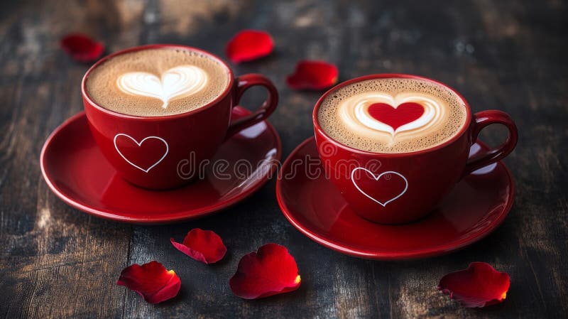Two Red Cups of Coffee with Heart Designs and Rose Petals Stock ...