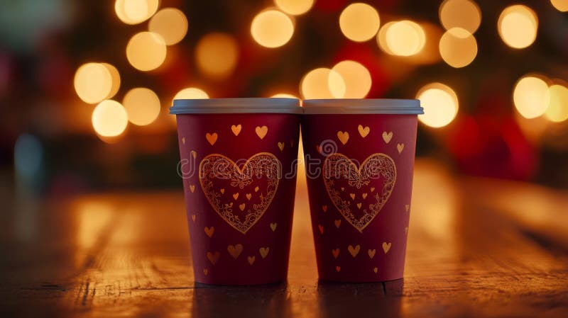 Two Red Cups with Gold Hearts Festive Lights Background Stock ...