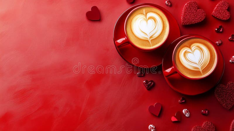 Two Red Cups of Latte Art Hearts on Red Background Stock Illustration ...