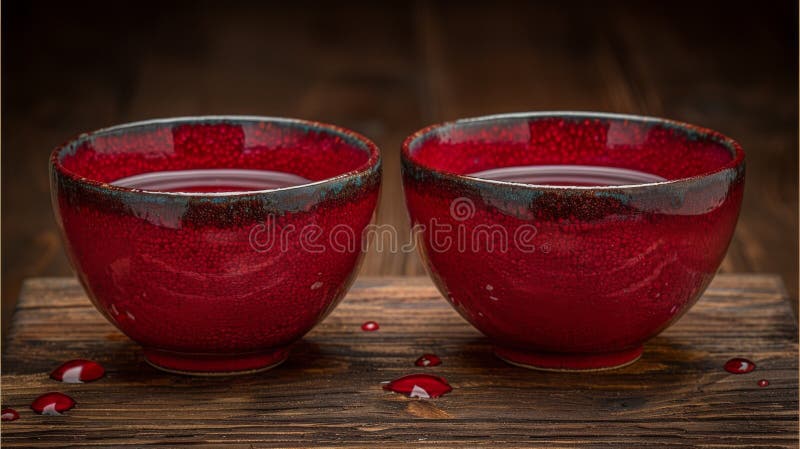 Two Red Cups Sitting on a Wooden Table with Some Liquid in Them, AI ...
