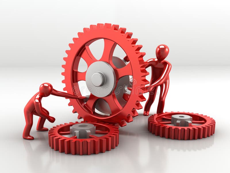 Two Red 3d Characters Pushing Large Red Gears, Teamwork Concept Stock ...