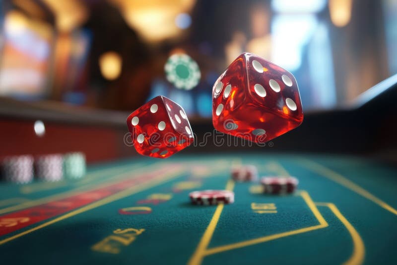 Two Red Dice are Airborne Over a Craps Table, Surrounded by Scattered ...