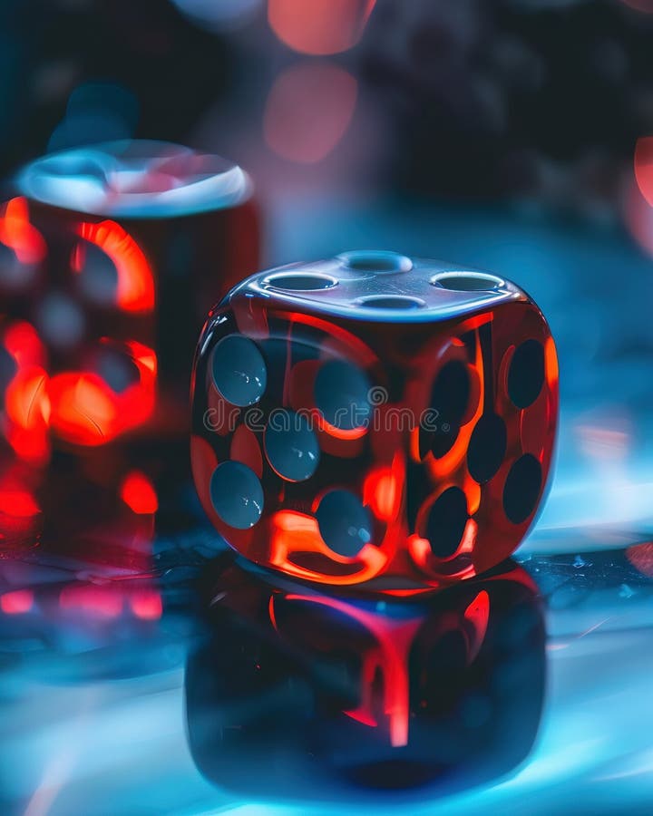 Two Red Dice with Blue Dots Reflecting on a Blue Surface with Red and ...