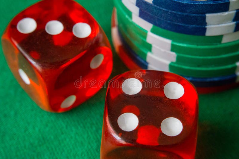 Two Red Dice Fall 7, Casino Chips, Cards on Green Felt Stock Image ...