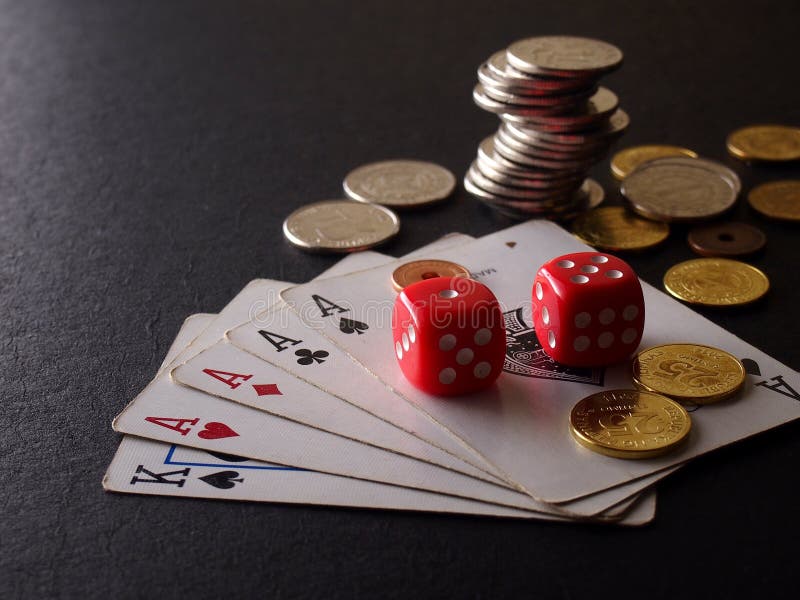 Two Red Dice, Game Cards and Stack of Coins Stock Image - Image of earn ...