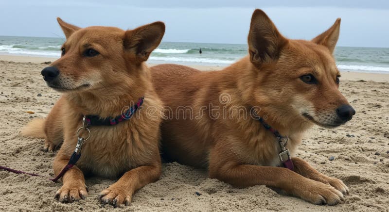 Two Red Dogs Relaxing on Sandy Beach Stock Illustration - Illustration ...