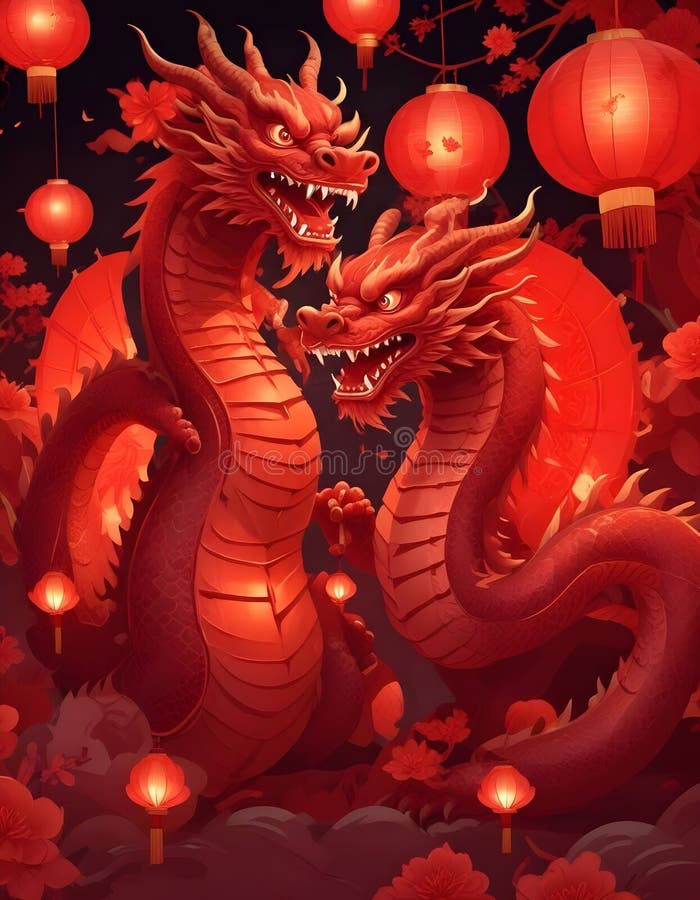 Two Red Dragons with Lanterns Stock Vector - Illustration of chinese, artwork: 324745713