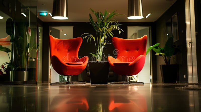 Two Red Egg Chairs in a Modern Lobby Stock Illustration - Illustration ...