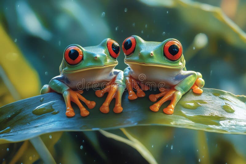 Two Red Eyed Tree Frogs Relaxing on a Leaf in the Rain Stock ...