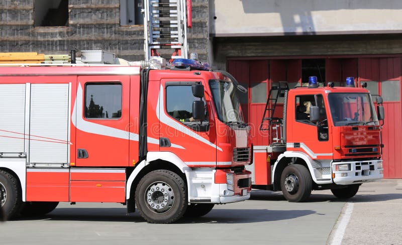 Two Red Fire Engine Trucks during a Fire Drill Stock Photo - Image of ...