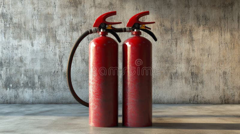 Two Red Fire Extinguishers Stand Against a Concrete Wall, Symbolizing ...
