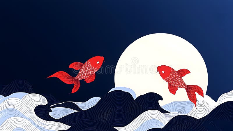 Two Red Fish Swimming in Dark Waves Under Moonlight. Stock Illustration ...
