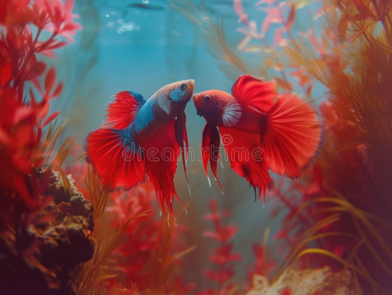 Two Red Fish Swimming in a Tank with Red Plants Stock Image - Image of ...