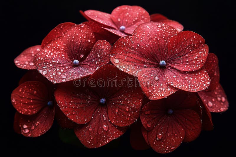 Two Red Flowers with Droplets Reflecting on Dark Surface in Soft Light ...