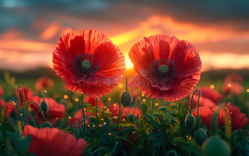 Two Red Flowers in a Field with a Sunset in the Background. Stock Photo ...