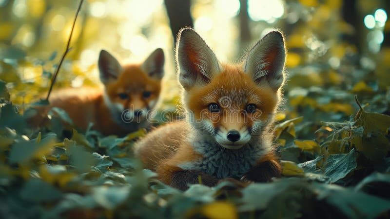 Two Red Fox Cubs Hiding in the Forest Stock Illustration - Illustration ...