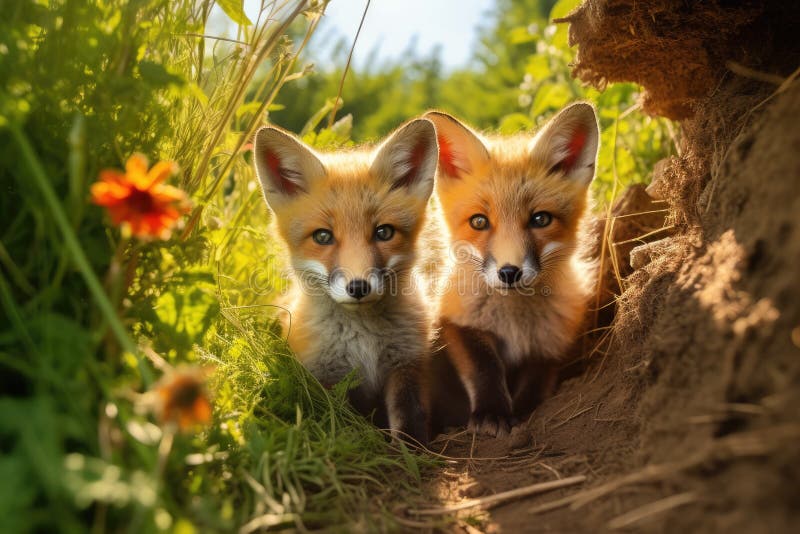 Two Red Fox, Cubs Looking Around Near Den on a Sunny Day in Summer ...