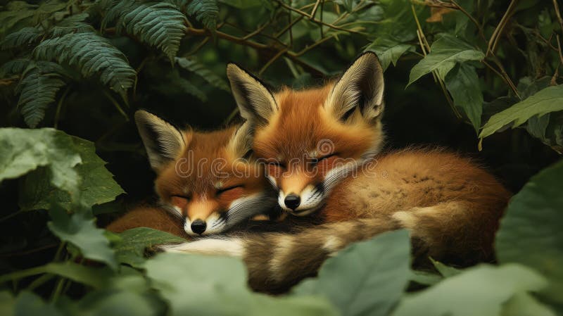 Two Red Fox Cubs Sleeping Amidst Lush Green Foliage Stock Illustration ...