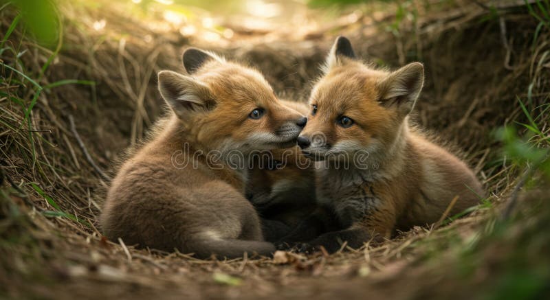 Two Red Fox Kits Huddle Together in Their Burrow Stock Illustration ...