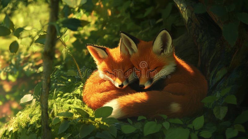 Two Red Foxes Cuddling in a Sunlit Forest Stock Illustration ...