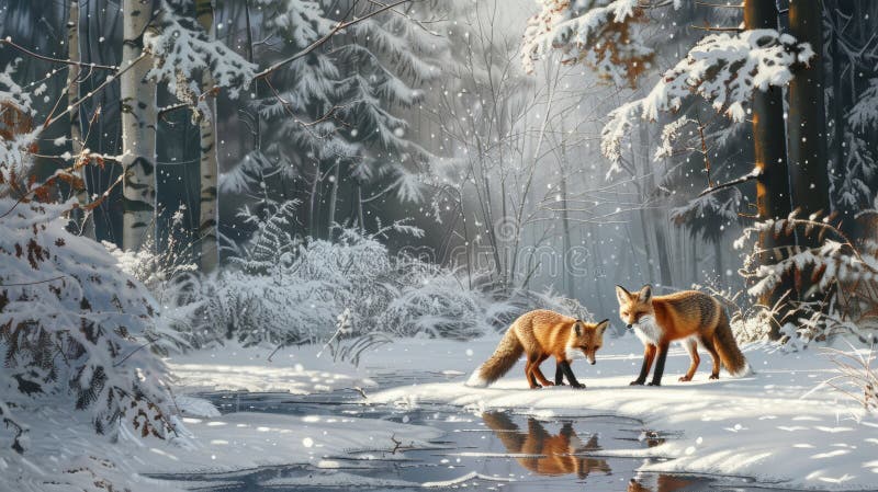Two Red Foxes Explore the Edge of a Frozen Stream in a Snow-covered ...