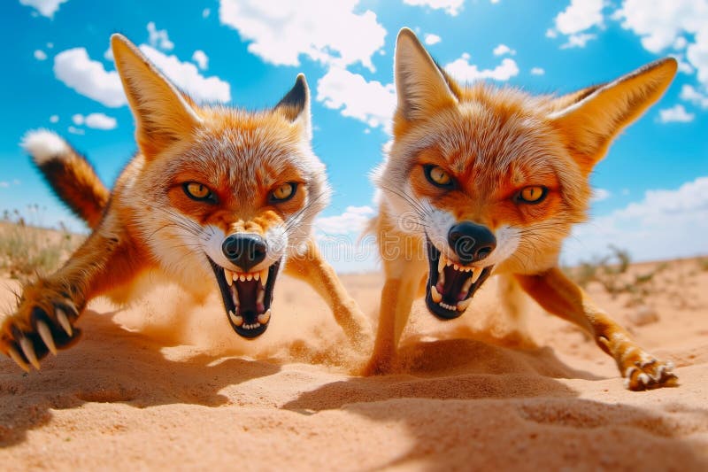 Two Red Foxes Running in the Sand with Their Mouths Open Stock Image ...