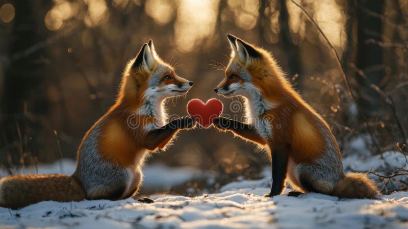 Two Red Foxes Share a Heart in Winter Snow Stock Illustration ...
