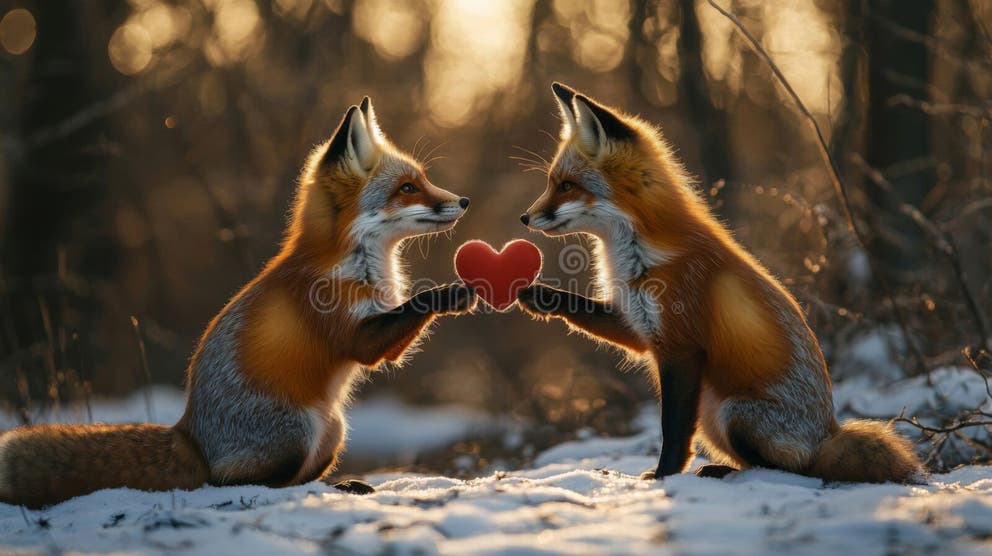 Two Red Foxes Share a Heart in Winter Snow Stock Illustration ...