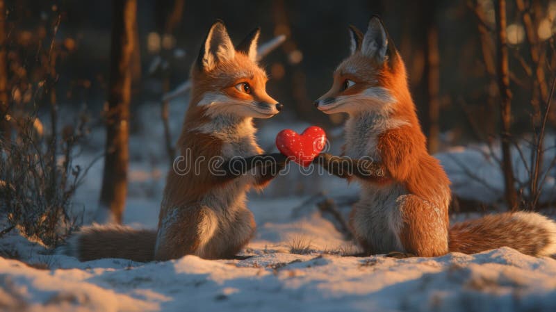 Two Red Foxes Share a Heart in Winter Woods Stock Illustration ...