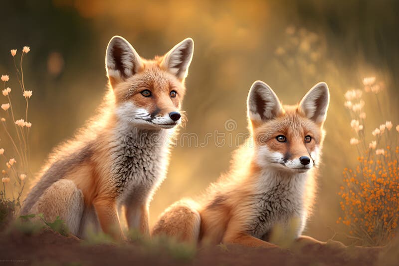 Two Red Foxes (Vulpes Vulpes) Sitting in the Grass Stock Illustration ...