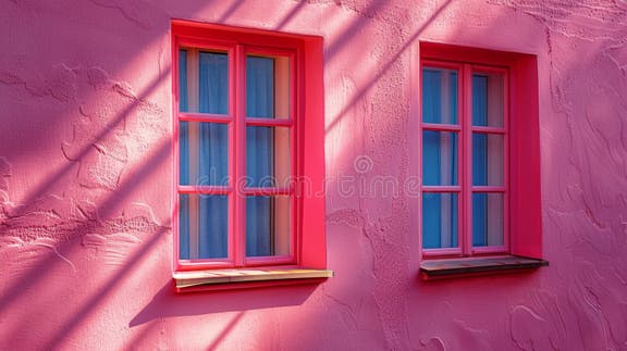 Two Red Framed Windows on a Textured Pink Wall Stock Photo - Image of ...