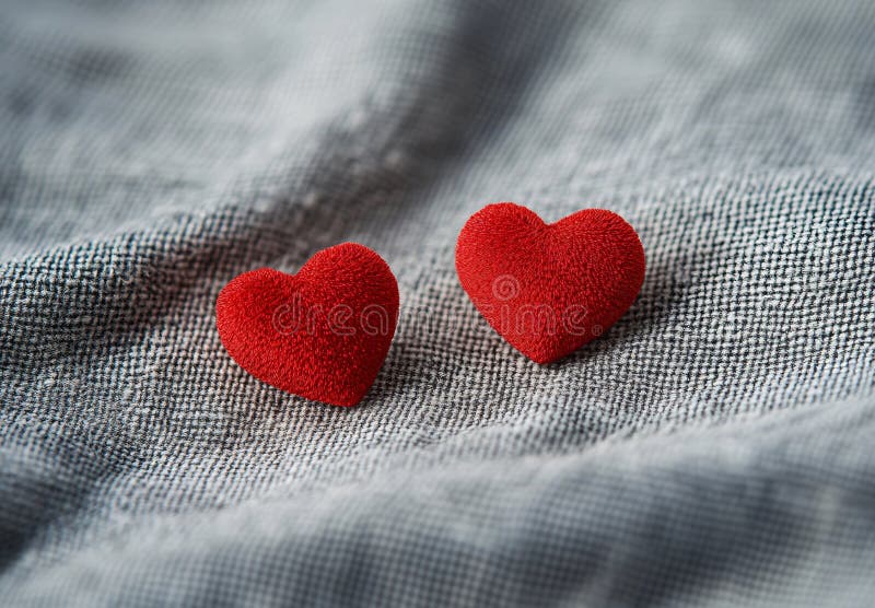 Two Red Fuzzy Hearts on Gray Fabric Background High Quality Image Stock ...