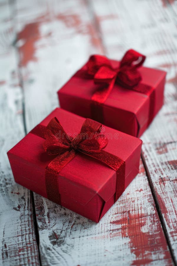 Two Red Gift Boxes with Red Bows on a Wooden Table. Perfect for Holiday ...