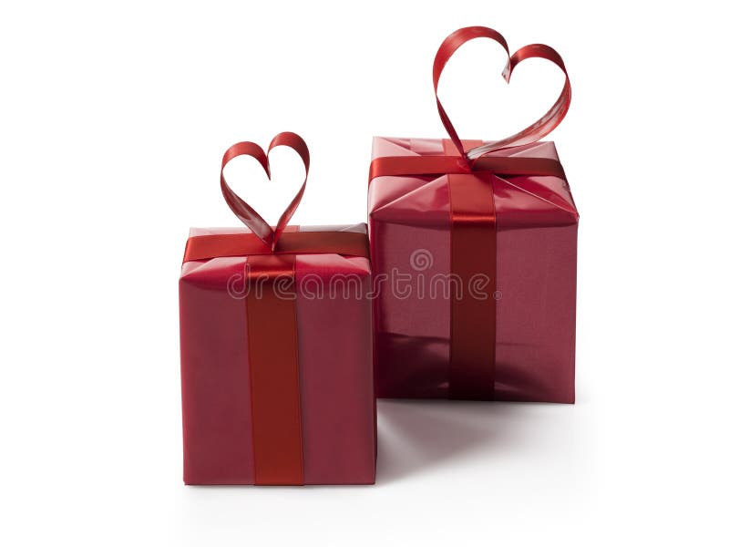 Two Red Gift Boxes with Red Hart Shaped Ribbon Bow Stock Image - Image ...