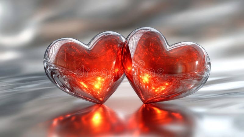 Two Red Glass Hearts Reflecting Light and Love Stock Illustration ...