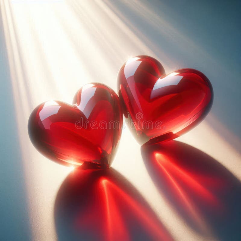 Two Red, Glassy Hearts in the Rays of Light. Stock Photo - Image of ...